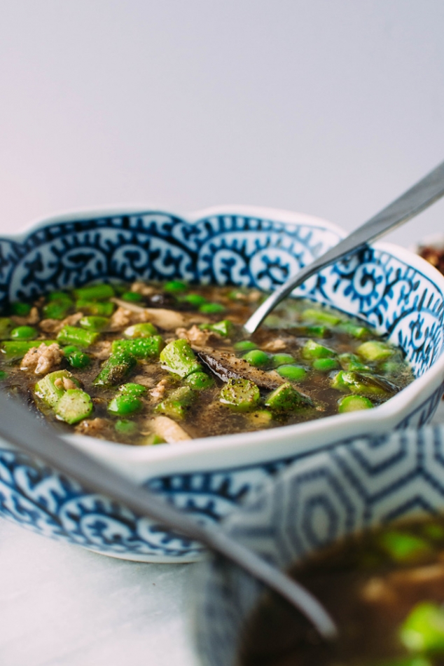 gingered pork soup with green spring vegetables and szechuan broth ...