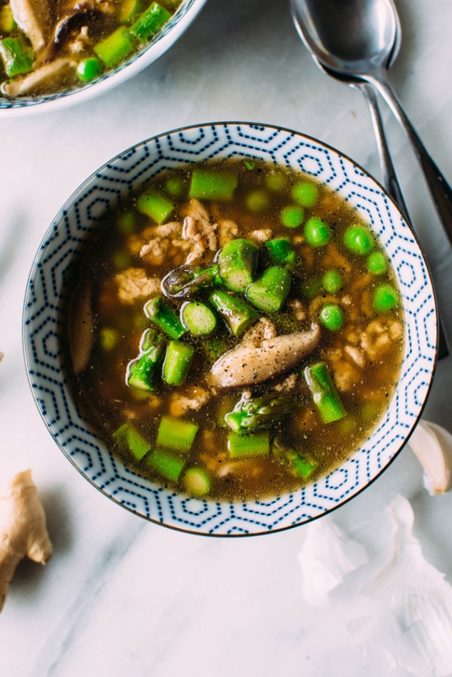 gingered pork soup with green spring vegetables and szechuan broth ...
